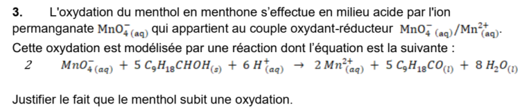 Sujet corrigé - Synthèse de la menthone à partir du menthol - 1ere spé